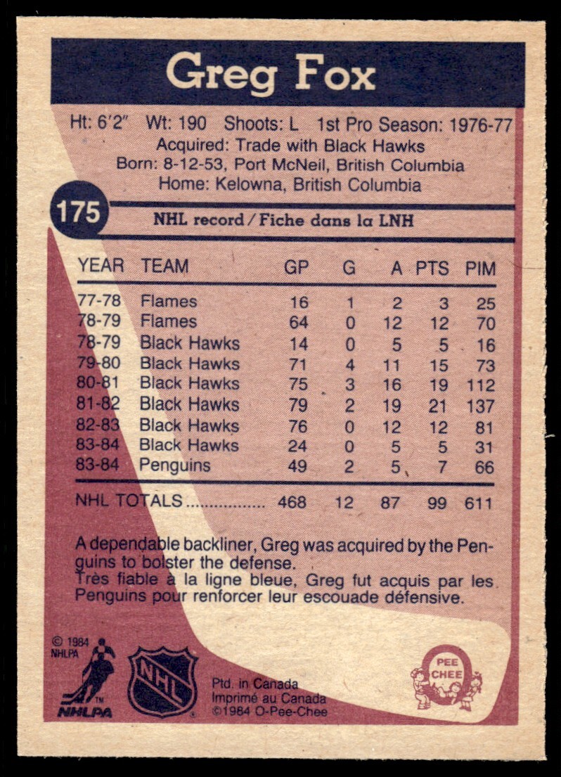 1984-85 O-Pee-Chee Greg Fox Pittsburgh Penguins #175 | eBay.de