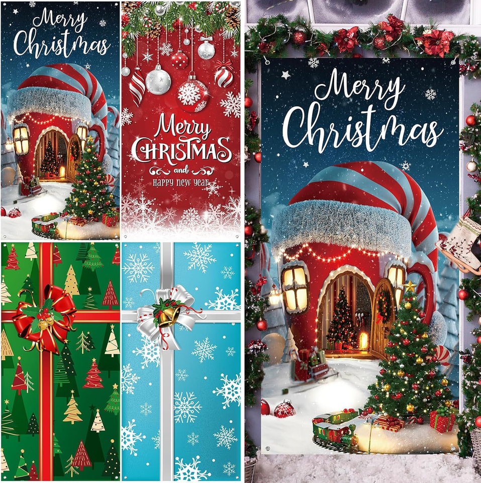 4 Pcs Christmas Door Cover Decorations 71 x 35 mas Front Door Backdrop ...