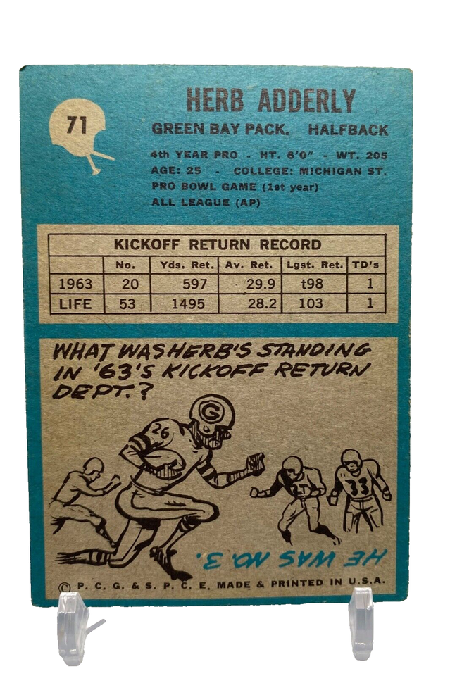 1964 Philadelphia Herb Adderly #71 Green Bay Packers Rookie Card VG ...