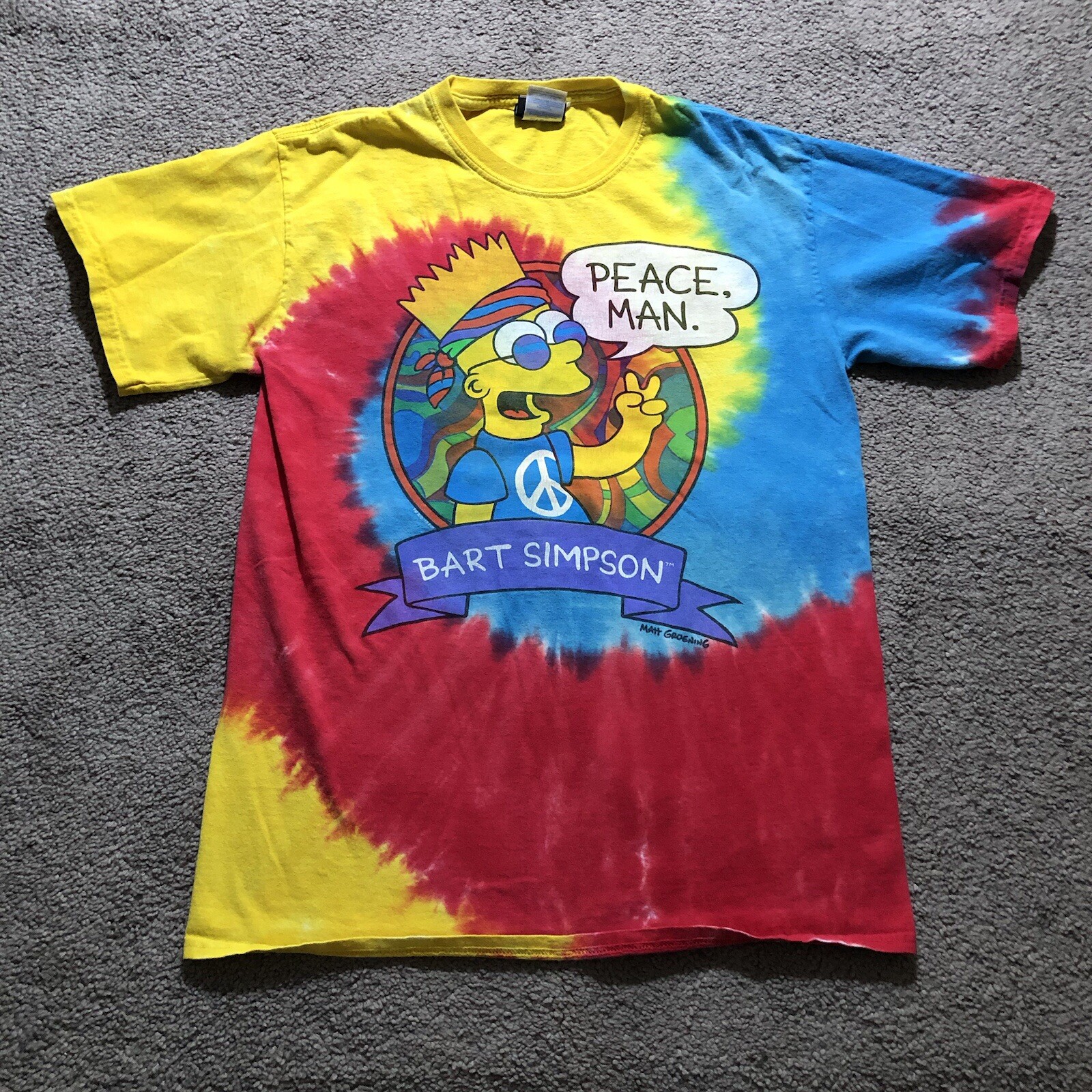 Liquid Blue Tie-Dye Bart Simpson Peace Man Shirt Mens… - Gem