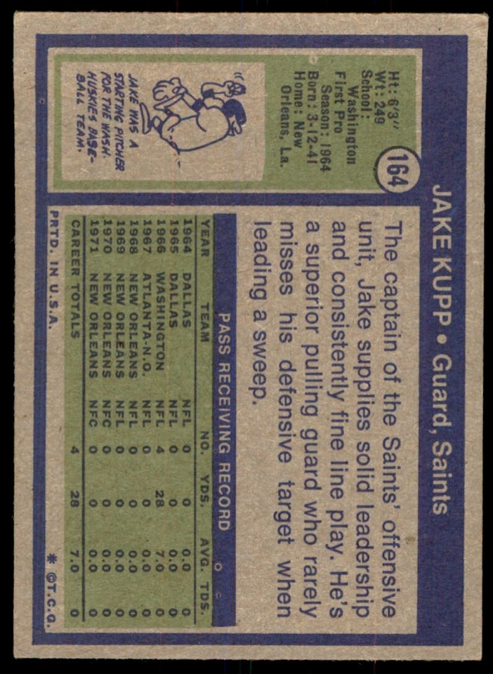 1972 TOPPS JAKE KUPP NEW ORLEANS SAINTS #164 | eBay