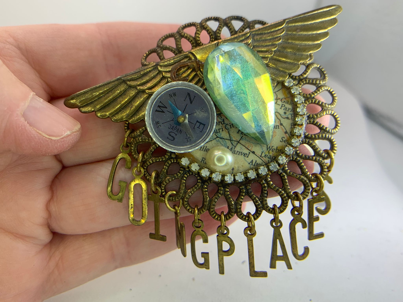 GOING PLACES Steampunk Map Compass Wings Rhinestones … - Gem