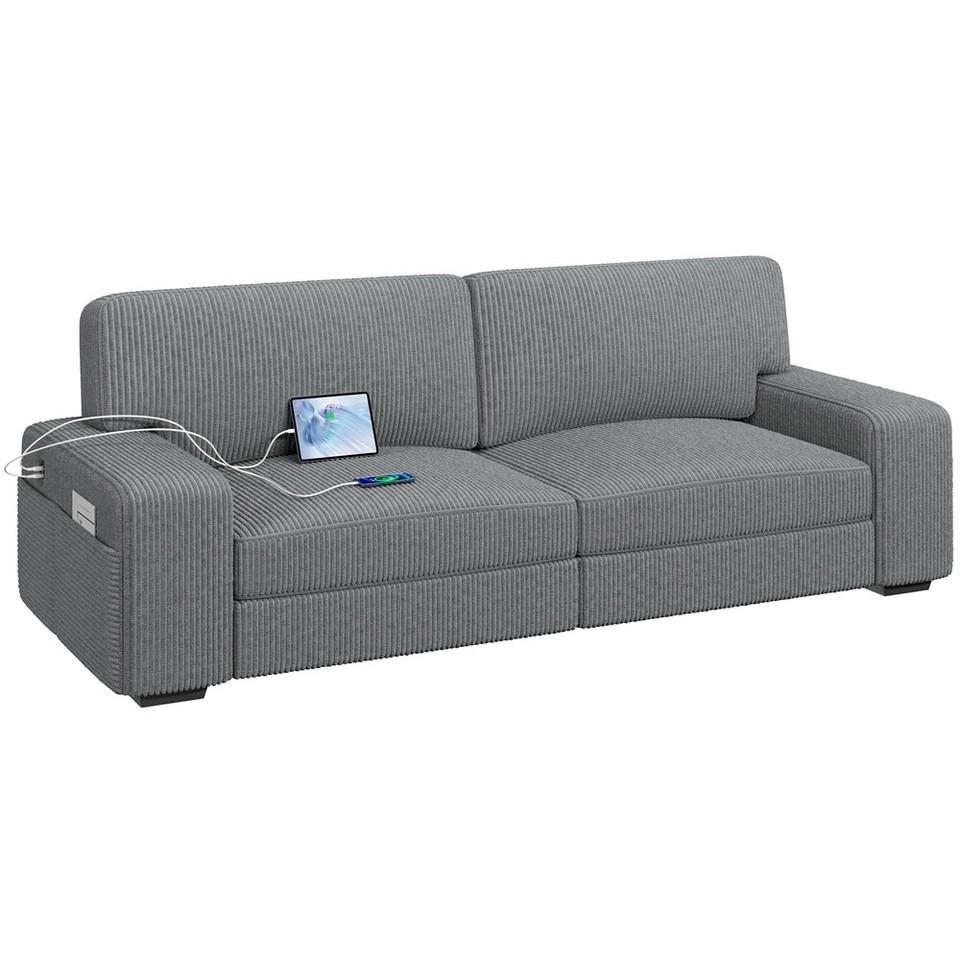 Modern Corduroy Fabric Sofa Couch with Side Storage Pockets, USB ...
