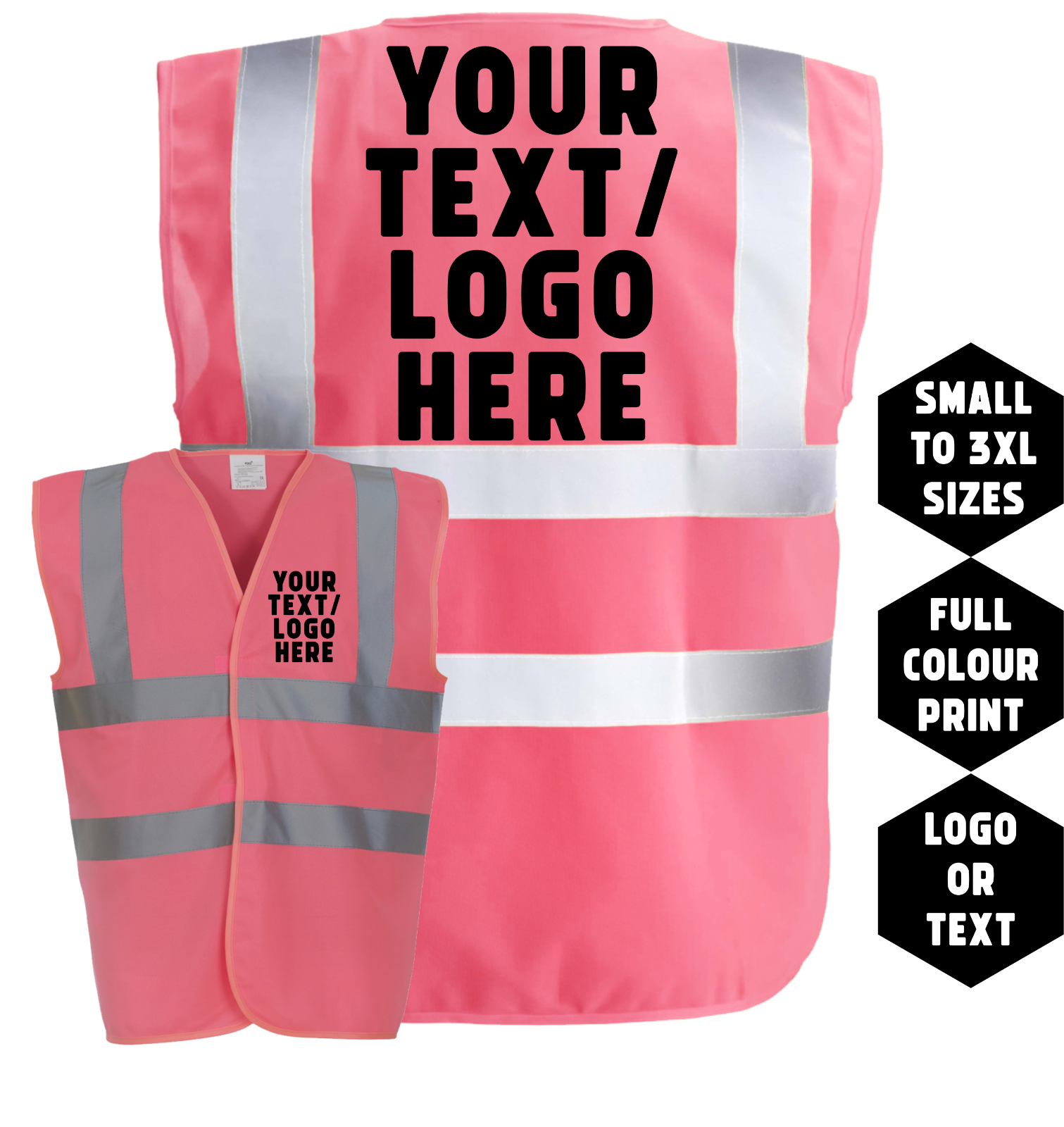 Personalised Custom Printed Hi Viz High Vis Safety Vest Waistcoat Pink ...