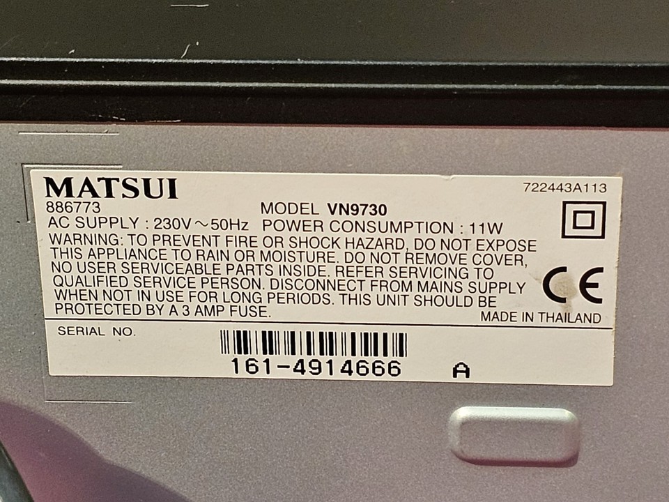 Matsui VN9730 VHS VCR Video Cassette Recorder Player Black - Tested ...