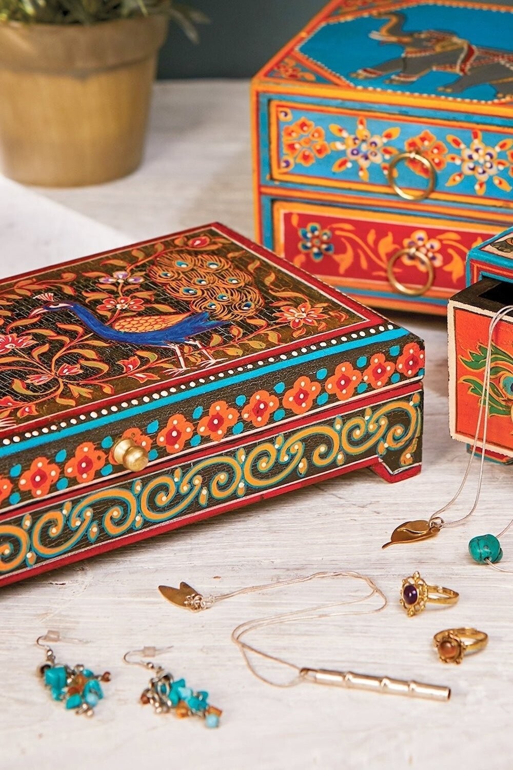 Peacock Wooden Box Indian Hand Painted Design For Jewellery Trinkets ...