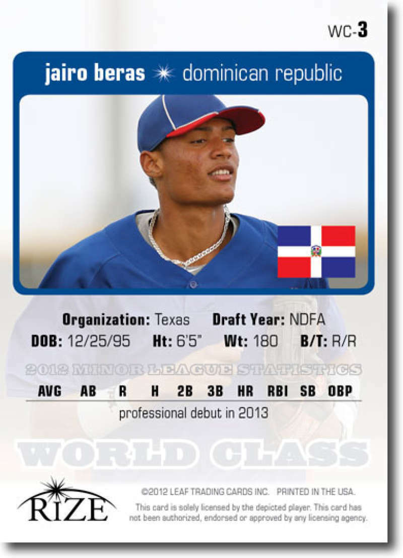 2012 Leaf Rize Draft Black World Class #WC3 Jairo Beras Rangers (Rookie ...