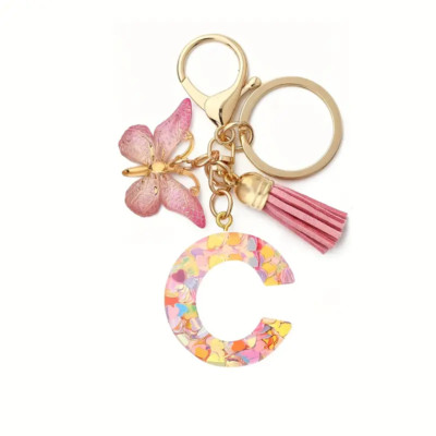 Pink Butterfly Initial Letter C Key Chain Pendant Resin Keychain Purse ...
