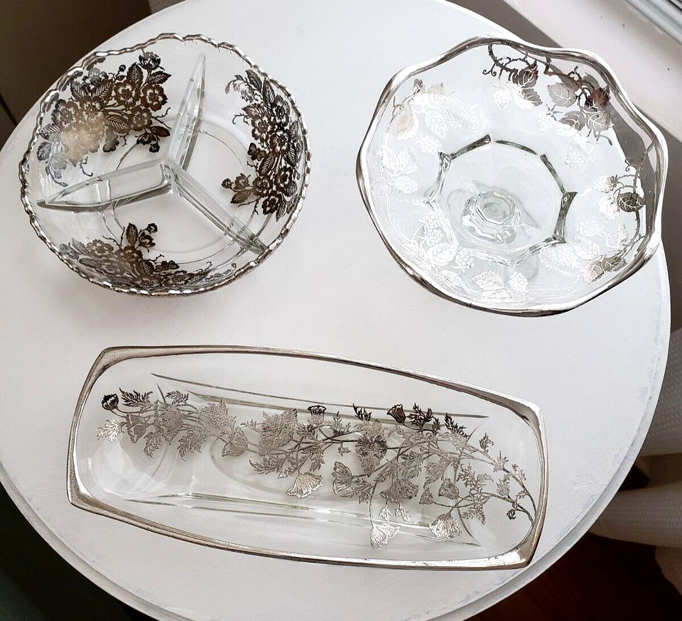 3 Silver City Glass Company dishes- Divided Dish, Relish Dish, Compote ...