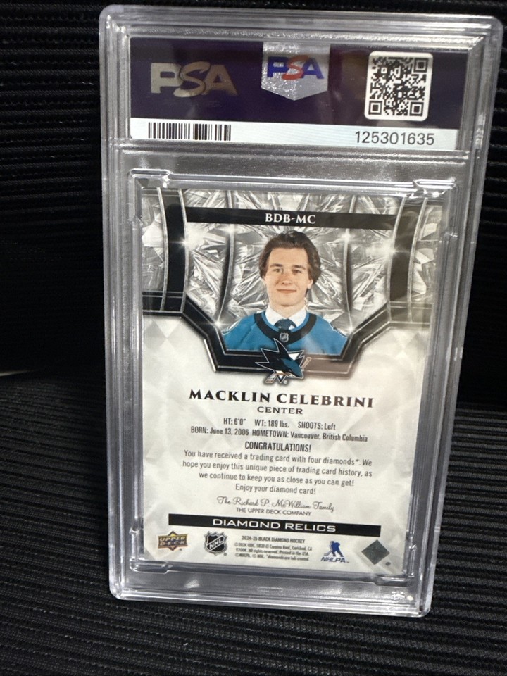 2024 Black Diamond Macklin Celebrini Diamond Relics RC 4/5 PSA 8 Sharks ...