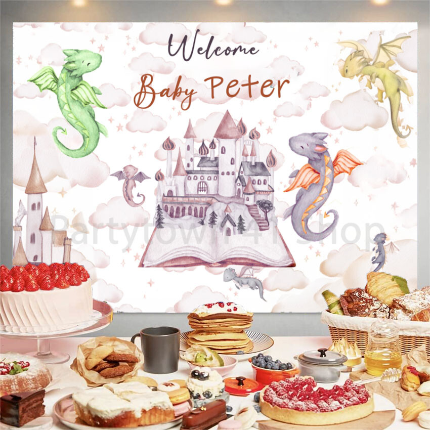Customized Watercolor Girl boy Dragons castle Baby shower birthday ...