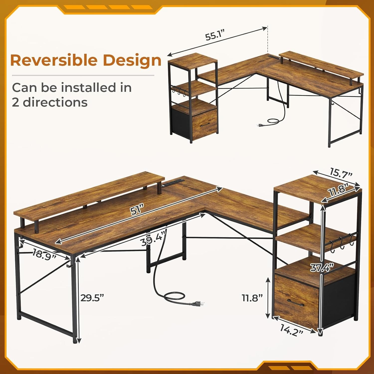 L Shaped Gaming Desk with LED Lights and Monitor Stand, Reversible ...