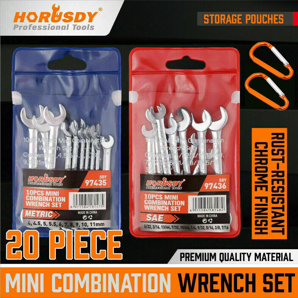 20Pc Mini Spanner Set Metric & SAE Stubby Combination Open and Ring End ...