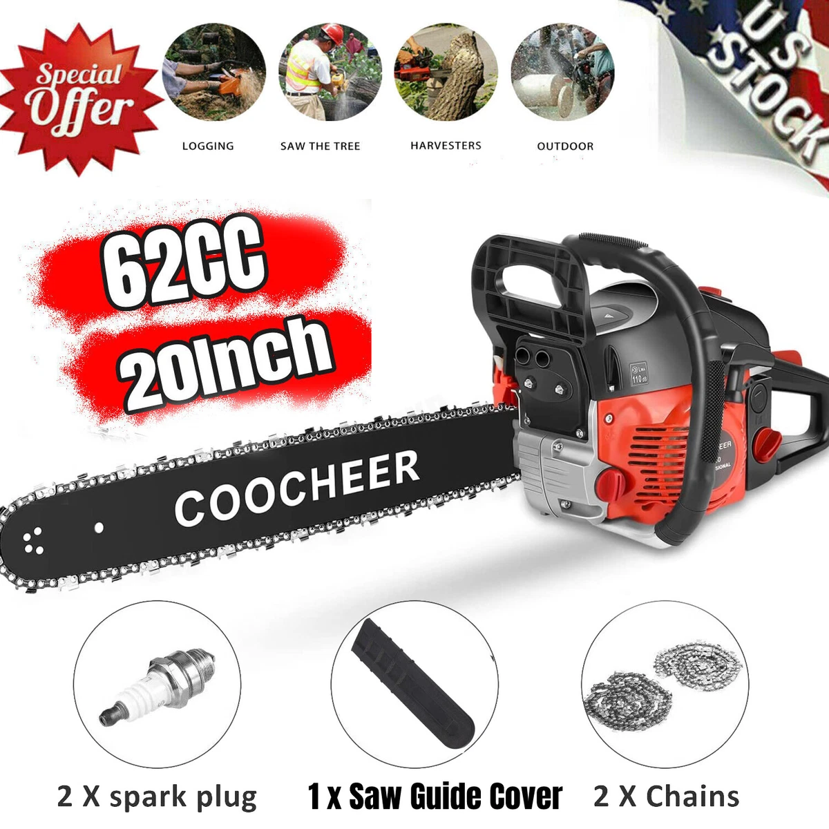 COOCHEER 62CC 20-Inch Gas Powered Chainsaw With 2-Stroke , 45% OFF