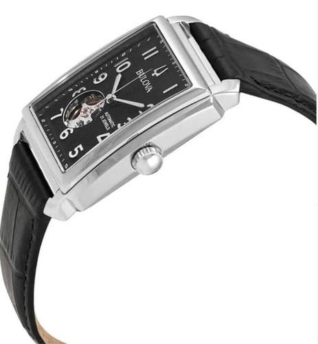 Bulova Men's Sutton Automatic Rectangle Silver/Black Leather Watch ...
