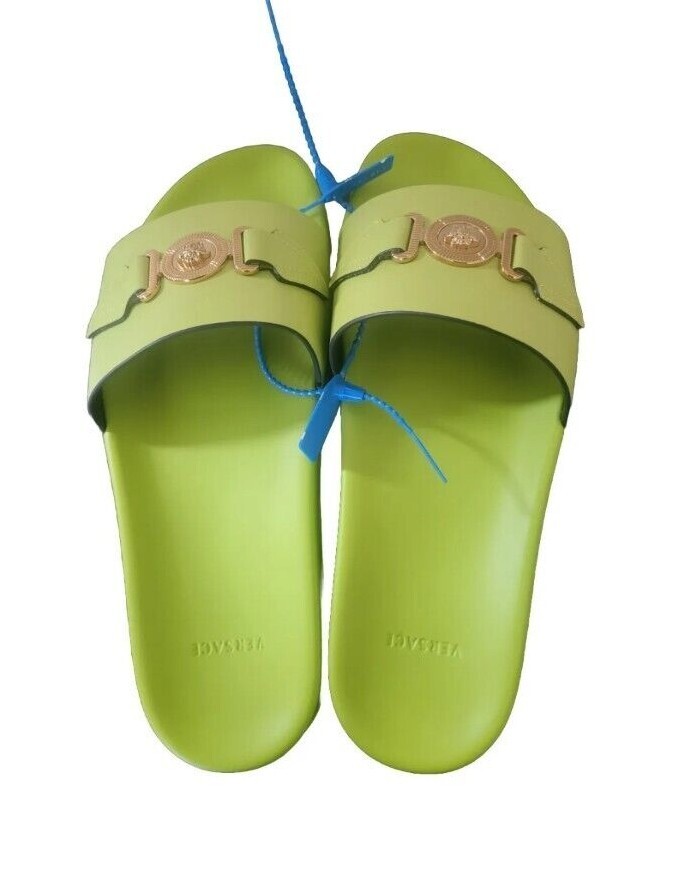 NEW Versace Gold MEDUSA HEAD Men Rubber Pool Slides Citron Green Size ...