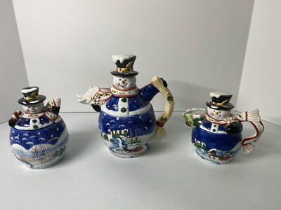 Snowman Tea Set Teapot, Sugar Bowl and Creamer Ceramic 3 Piece Decor | eBay