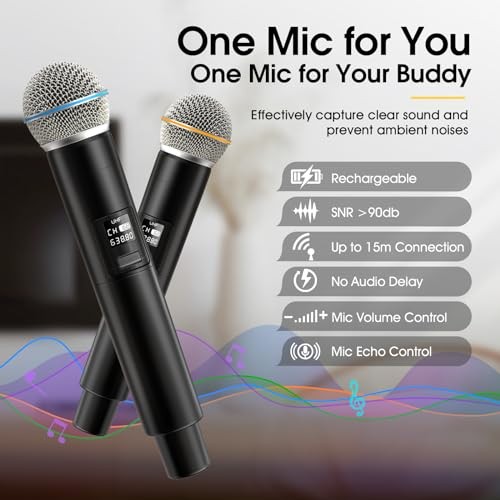 Retro Karaoke Machine with Two Wireless Microphones, Portable Bluetooth ...