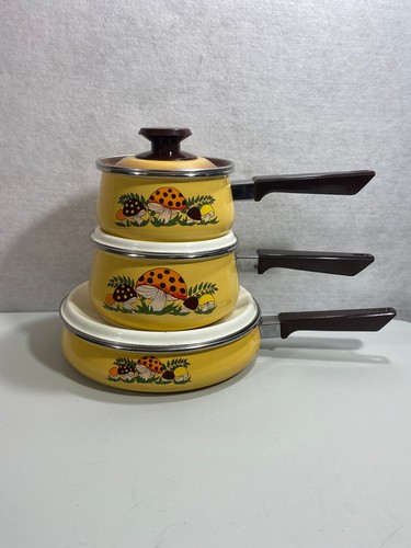 Vintage Sears Merry Mushroom 1970s Enamel Cookware Pot & Pan Set w/Lids ...