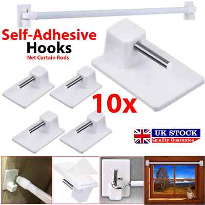 10 SELF ADHESIVE STICKY STICK-ON NET CURTAIN WIRE ROD END HOOKS FOR ...