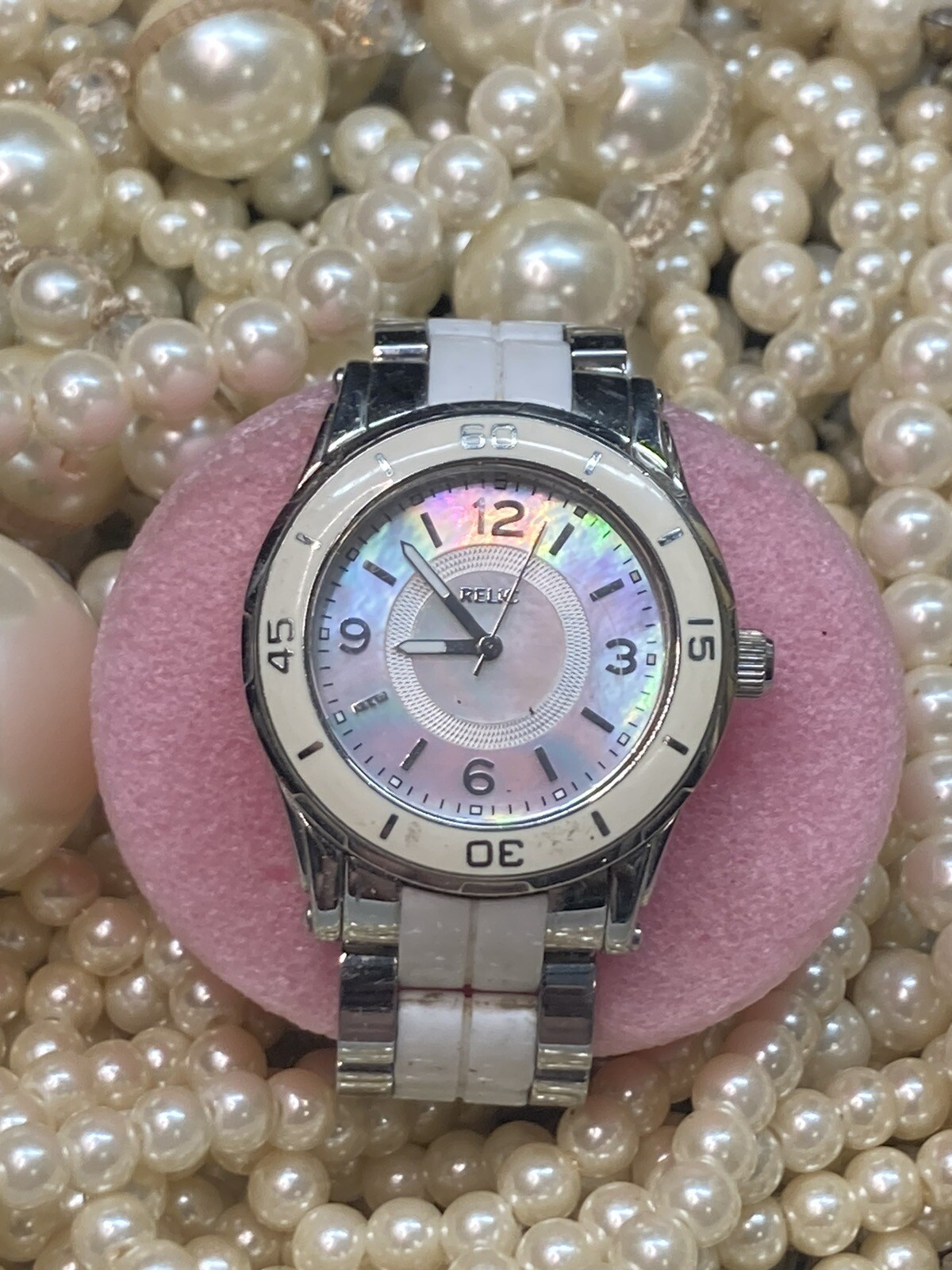 Women’s Relic ZR11883 Pink Mother Of Pearl Wrist Watch With White ...