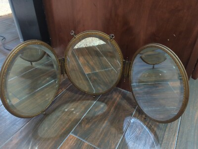 Antique Oval Three Panel Fold Victorian Brass Mirror W Ethereal Beauty ...