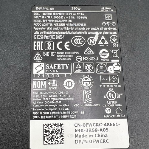 Dell GA240PE1-00 240W AC Adapter + Power Cord 32282AM Computer Charger ...