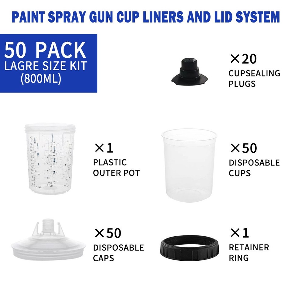 50PK Disposable Paint Spray Gun Cup Liners & Lid w/ Plugs System Kits ...
