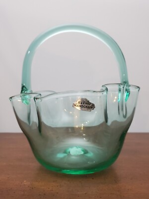 RARE Blenko #7920 Antique Green Handled Ruffled Glass Basket Silver ...