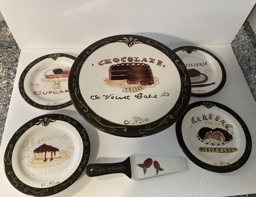 Oneida Sweets 6 Piece Ceramic Set Cake Stand and server with 4 dessert ...