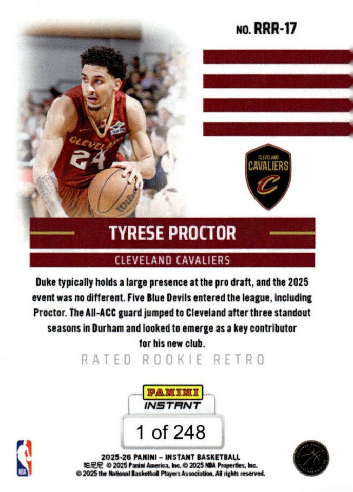 TYRESE PROCTOR RC 2025-26 Panini Instant PR:248 Rated ROOKIE #17 Caval ID:148780 | eBay
