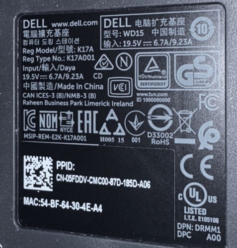 DELL K17A001 - WD15 Docking Station K17 K17A Thunderbolt USB-C 4K Dock ...