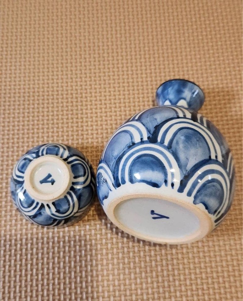 Blue White Wave Pattern Sake Bottle Tokkuri Cup Guinomi Ochoco Drinking ...