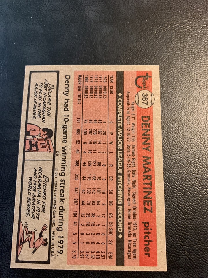 #367 Denny Martinez Dennis Baltimore orioles 1981 Topps Baseball Cb15 ...