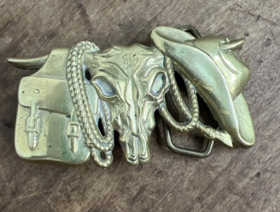 Vintage 1980 Baron Buckles Solid Brass Cowboy Hat ,Bull Skull, Saddle ...