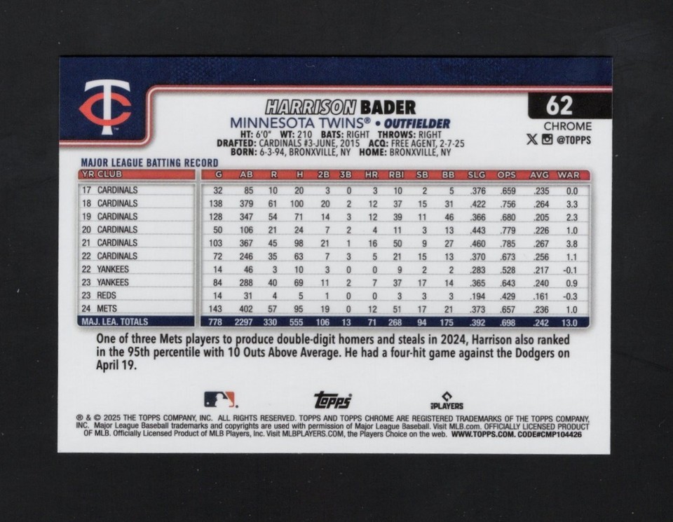 2025 Topps Chrome Harrison Bader /250 Purple Refractor #62 Minnesota ...