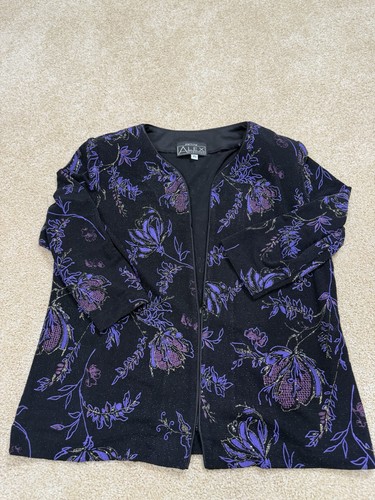 Vtg Alex Evenings Petite PL Black Purple Glitter Floral 2pc Tank Jacket ...