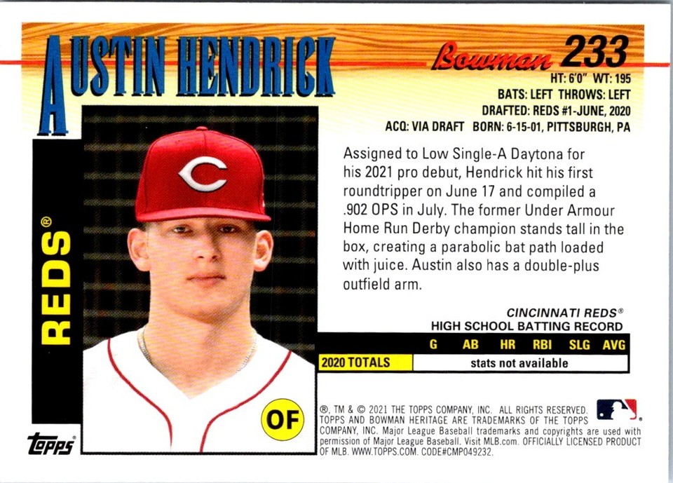 2021 Bowman Heritage Austin Hendrick #233 Cincinnati Reds Baseball Card ...