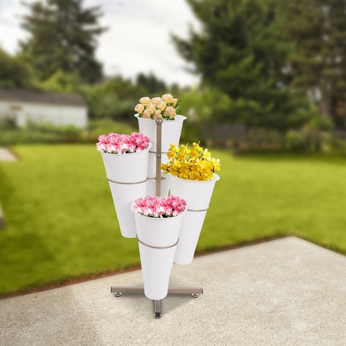Flower Display Stand with 4 White Plastic Buckets Rotatable Metal ...