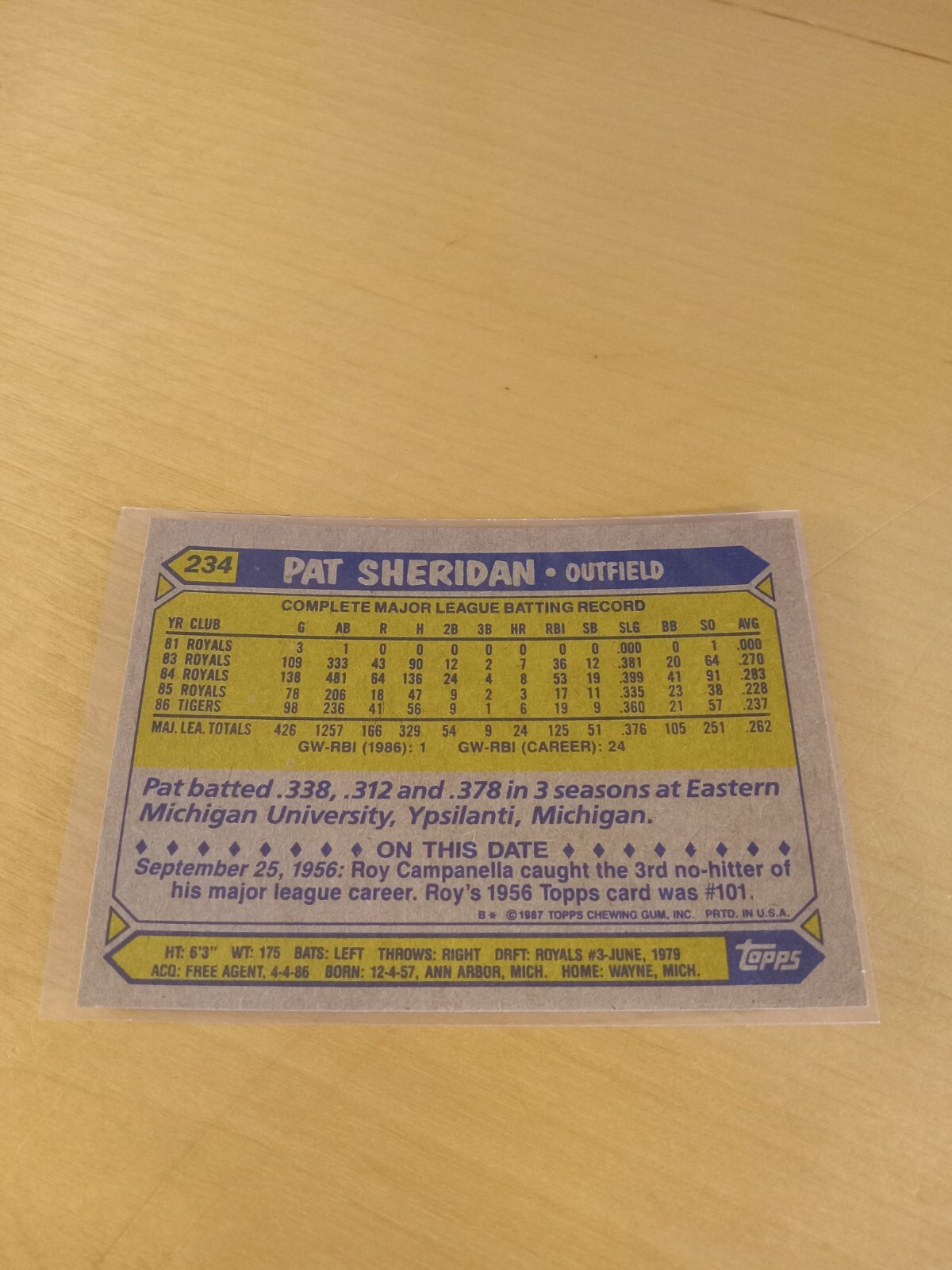 1987 Topps #234 PAT SHERIDAN Detroit Tigers Baseball Card, Outfielder ...