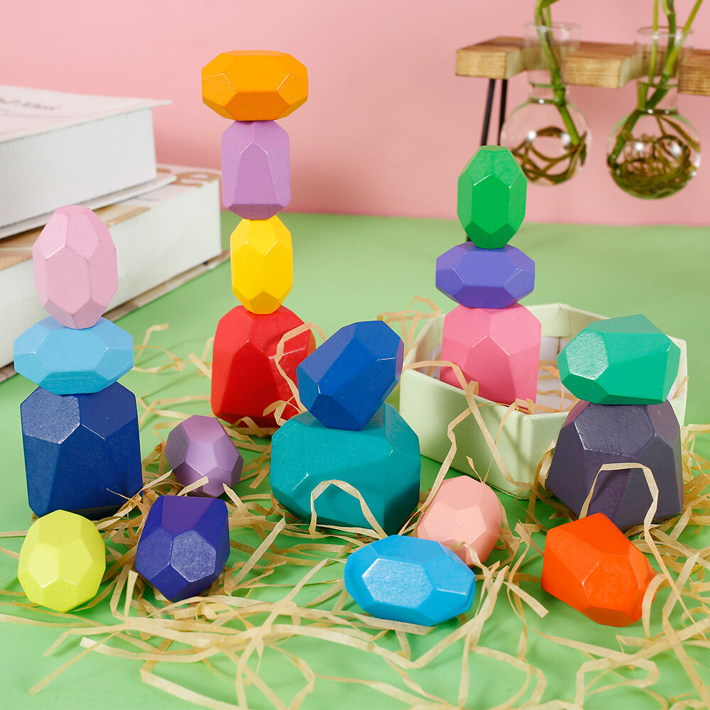 Wooden Balancing Building Blocks Colored Stones Stacking Game Rock ...