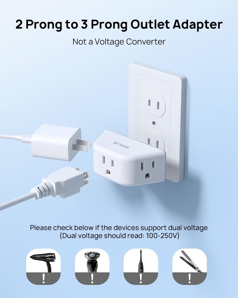 2 Prong to 3 Prong Outlet Adapter, 2 Prong Outlet Extender with 3 AC ...