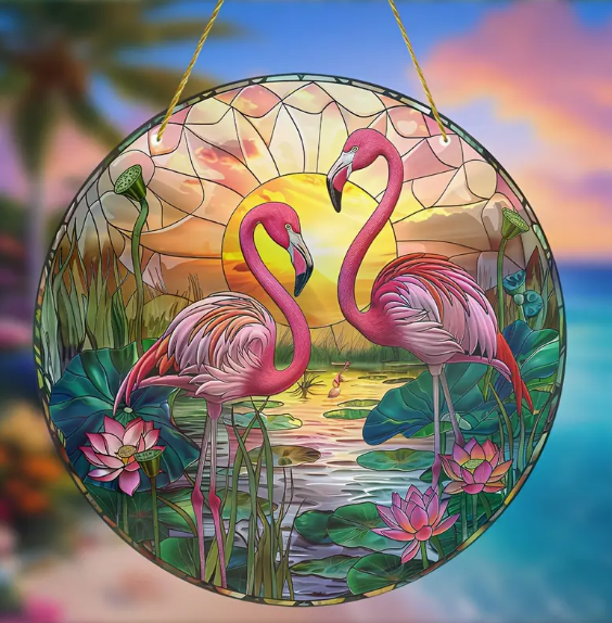 SUNCATCHER- Flamingos - 8"x8" Acrylic Window Hanging Ornament ...
