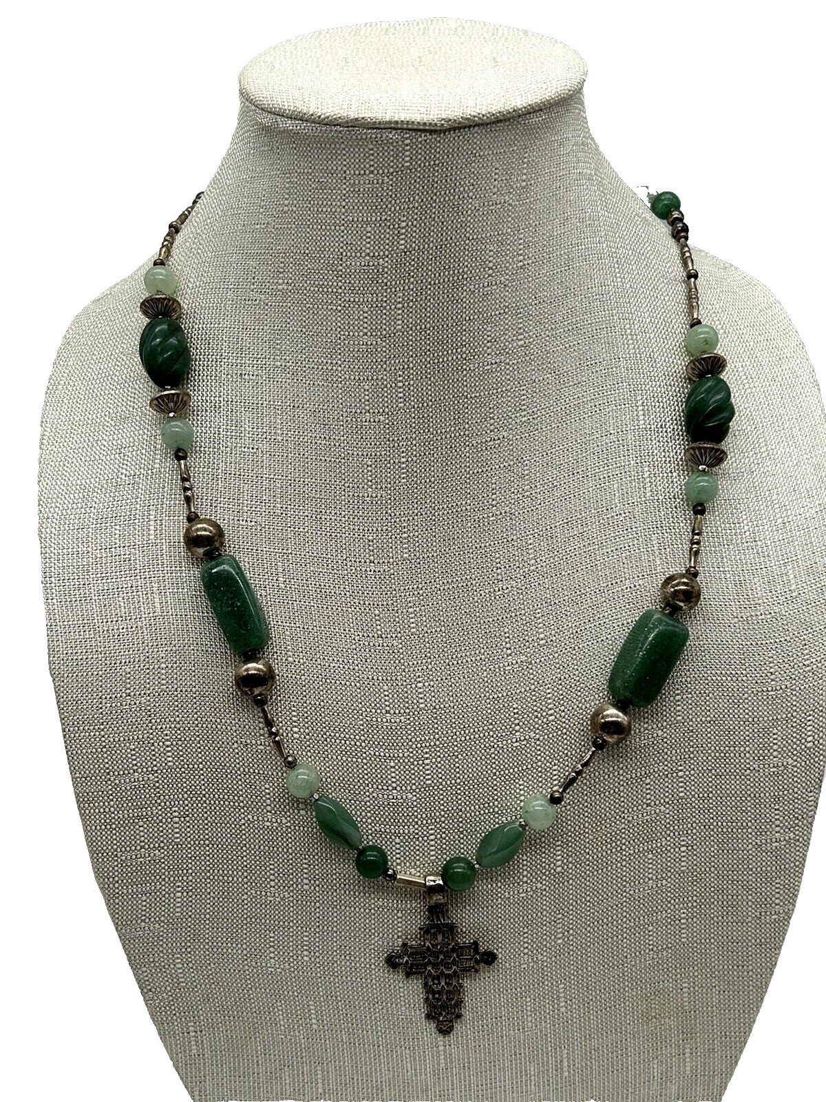 Vintage Orthodox Coptic Cross Green Faux Jade Beaded … - Gem
