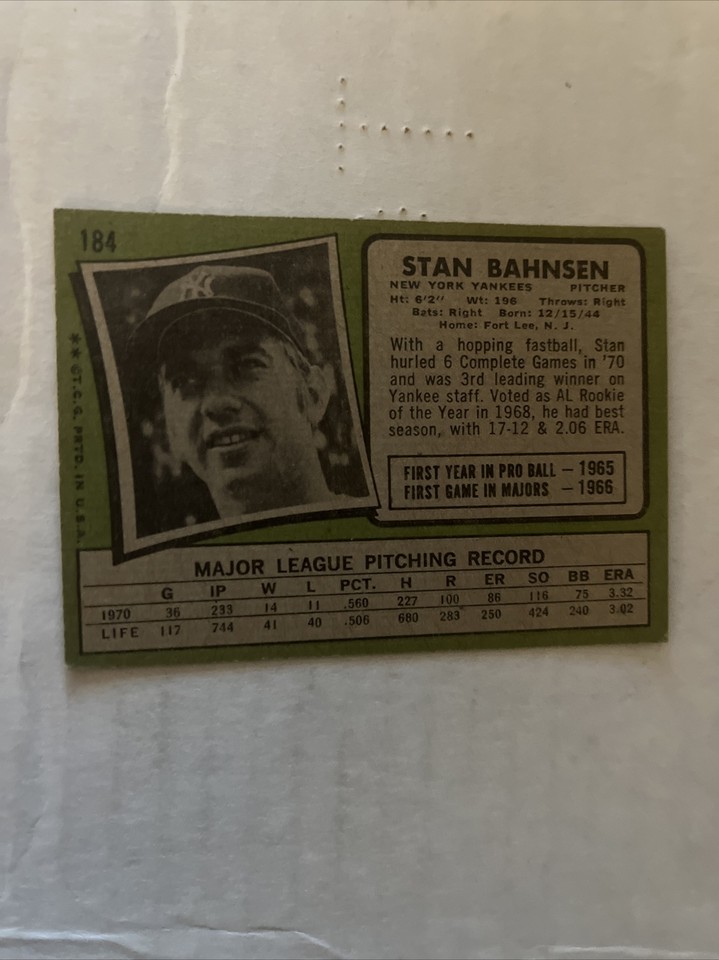 1971 Stan Bahnsen New York Yankees Topps Baseball Card #184 | eBay