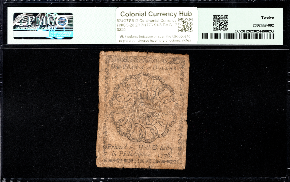 Continental Currency Fr#CC-20 February 17, 1776 $1/3 PMG 12 *Fugio Note ...