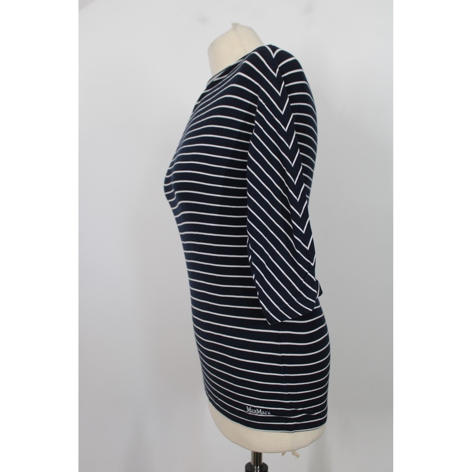 Max Mara M Navy Blue White Stripe Boat Neck 3/4 Sleeve Stretch Tee Top ...