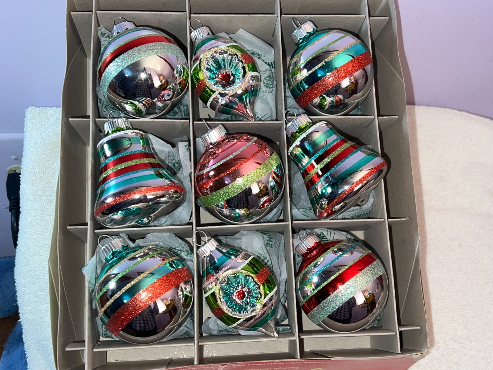 Radko Shiny Brite set of 9 glass Large indents decorated balls & bells ...