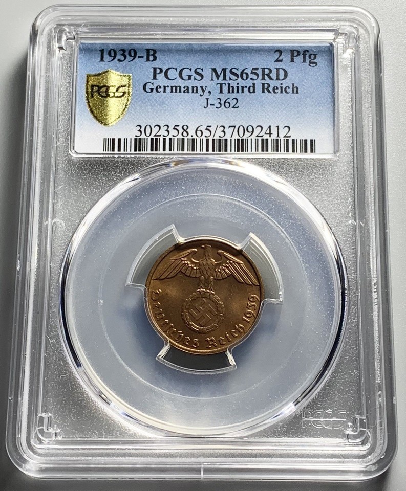 Gem BU 1939 B Germany Nazi Third Reich 2 Pfennig Copper Coin - PCGS MS ...