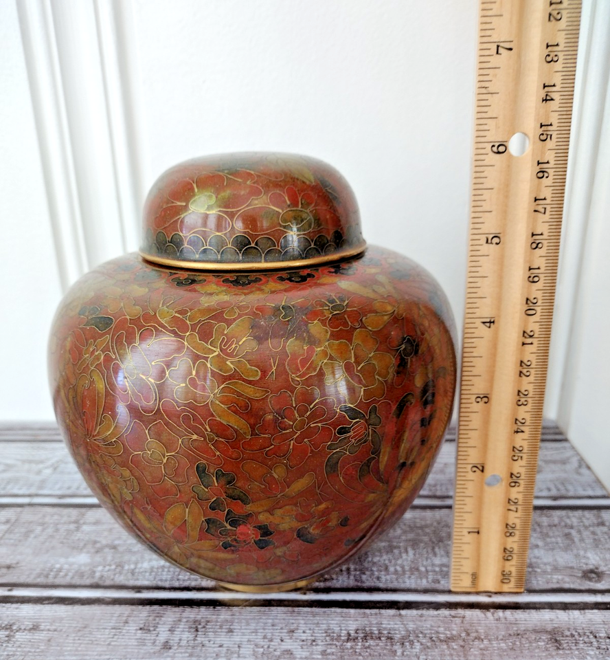 Vintage Jingfa Dark Earth Tone Floral Lotus Cloisonne Enamel Ginger Jar ...
